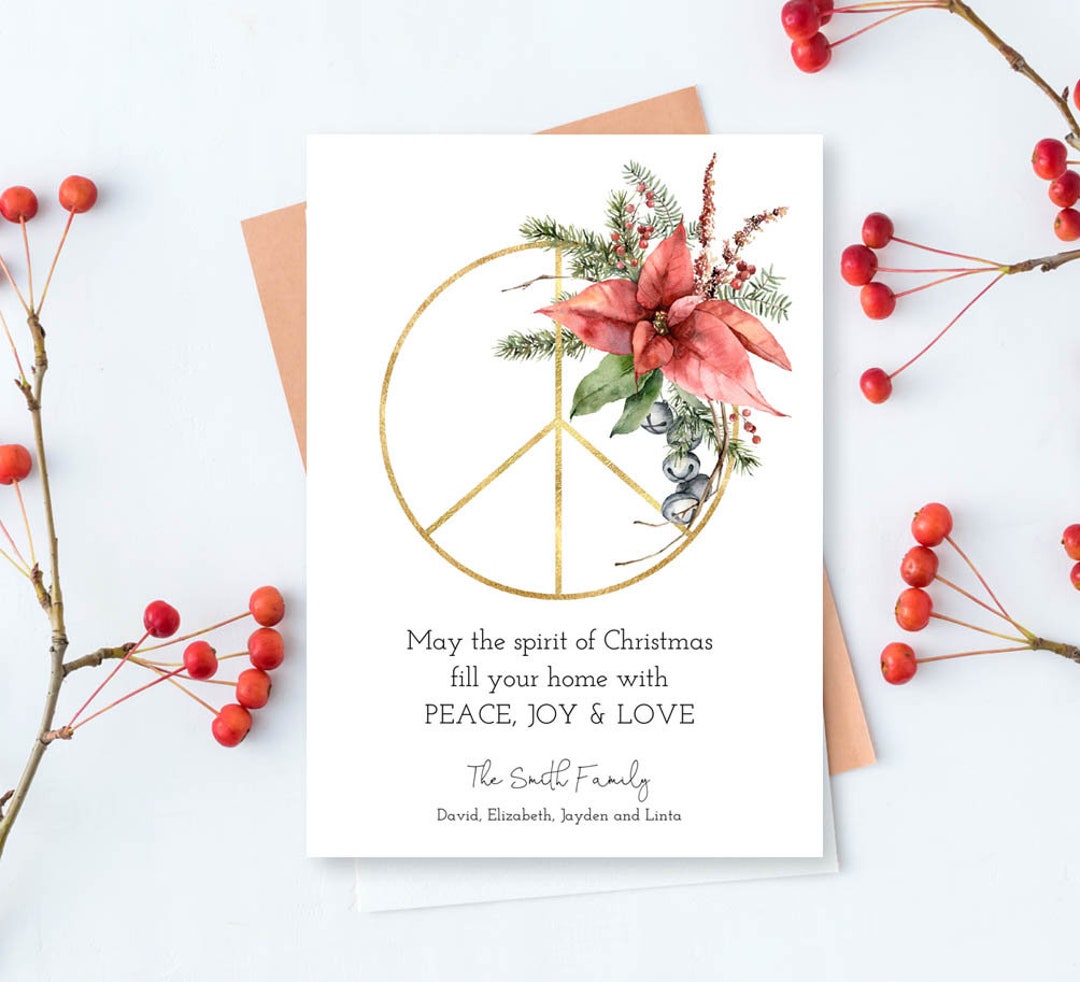 Christmas Printable Card, Christmas Holiday Card, Peace, Floral Peace ...