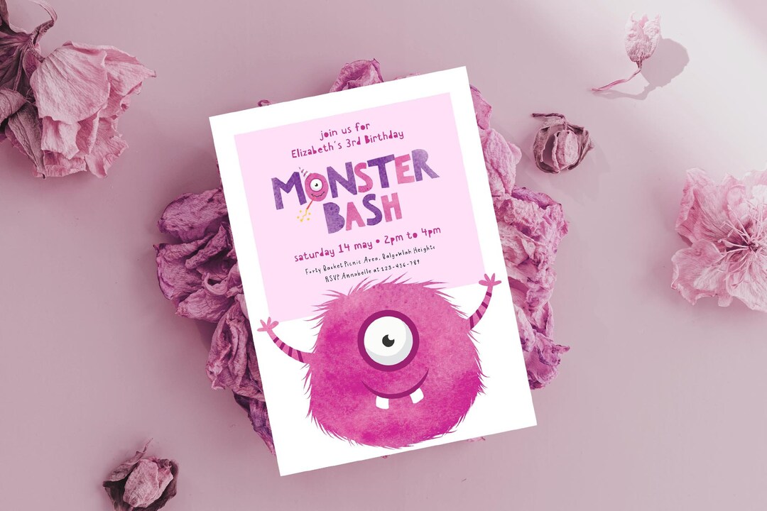 Pink Monster Birthday Invite, Monster Bash, Editable Template, Pink ...