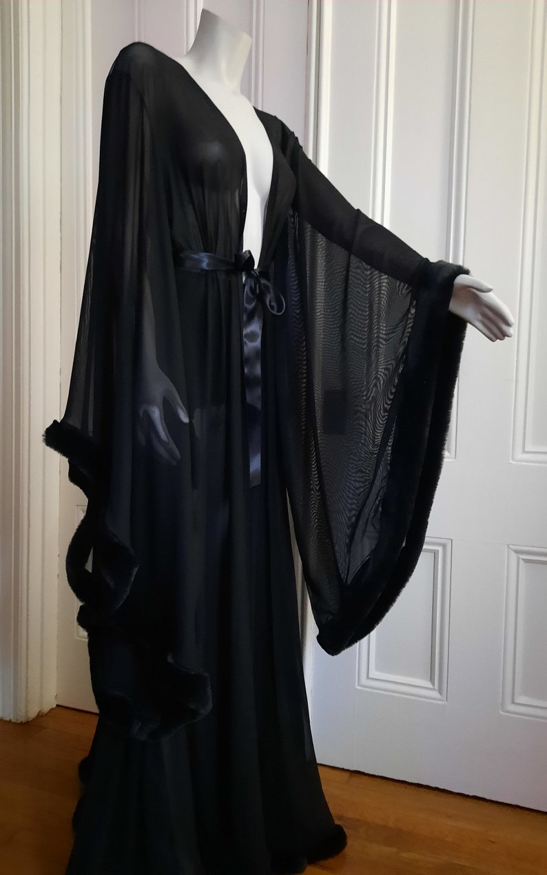 Enchanted Widow Elegant Black Stretch Mesh and Faux Fur Long Robe - Etsy