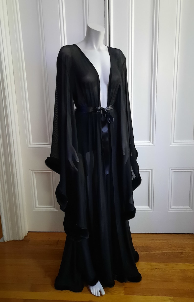 Enchanted Widow Elegant Black Stretch Mesh and Faux Fur Long Robe - Etsy