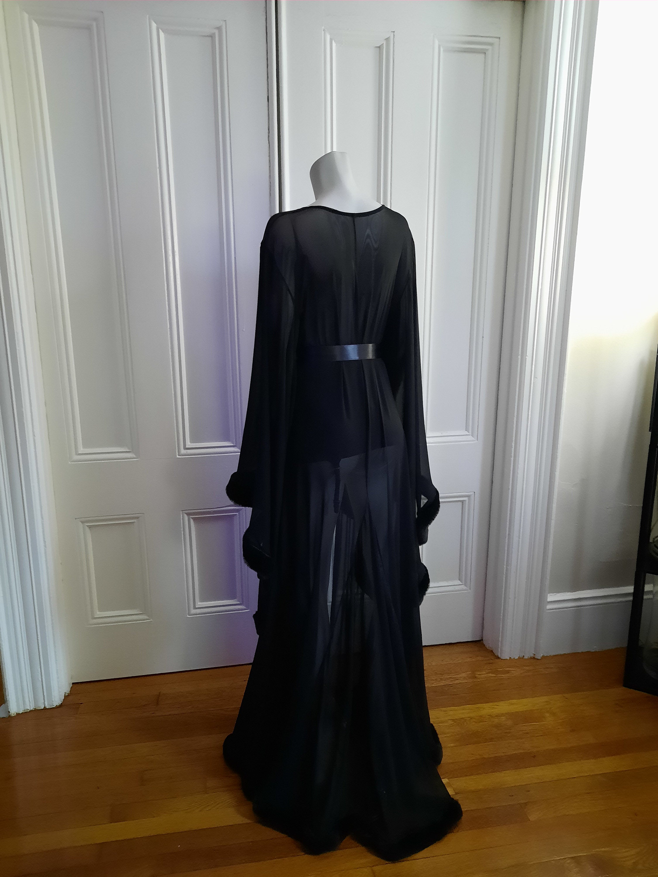 Enchanted Widow Elegant Black Stretch Mesh and Faux Fur Long Robe - Etsy