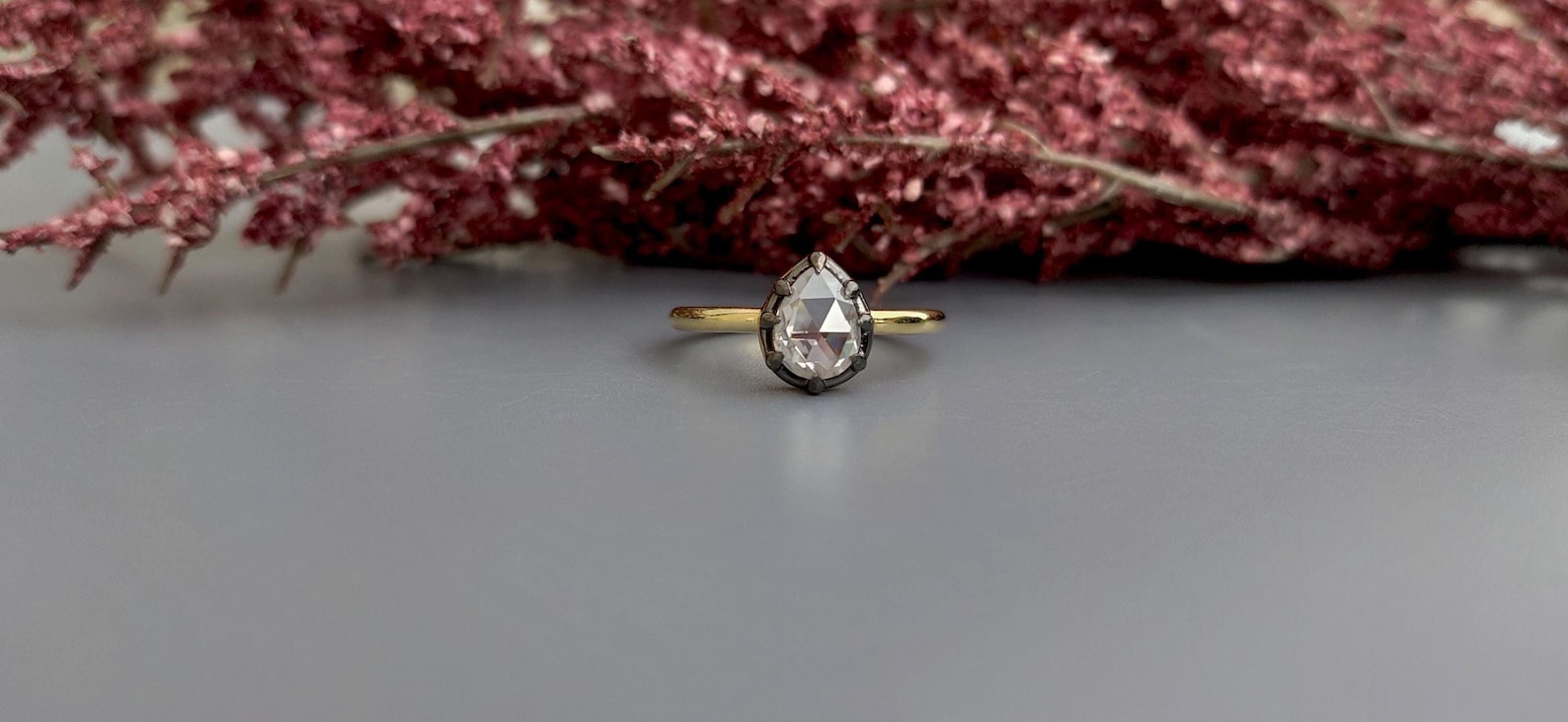 Rose Cut Pear Moissanite Collet Set Ring, Georgian Cut Down Set Art ...