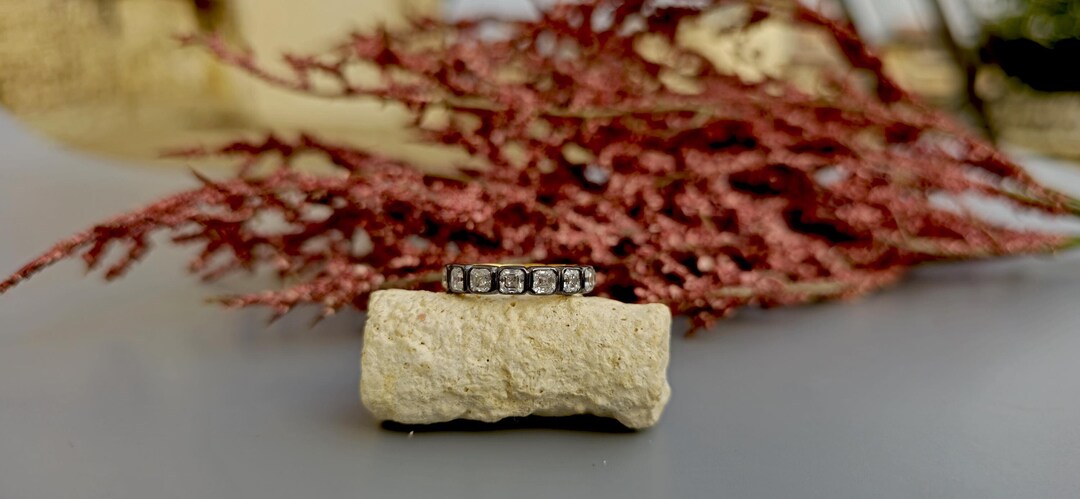 Bezel Set Asscher Cut Moissanite Wedding Band in Blackened Gold, Full ...