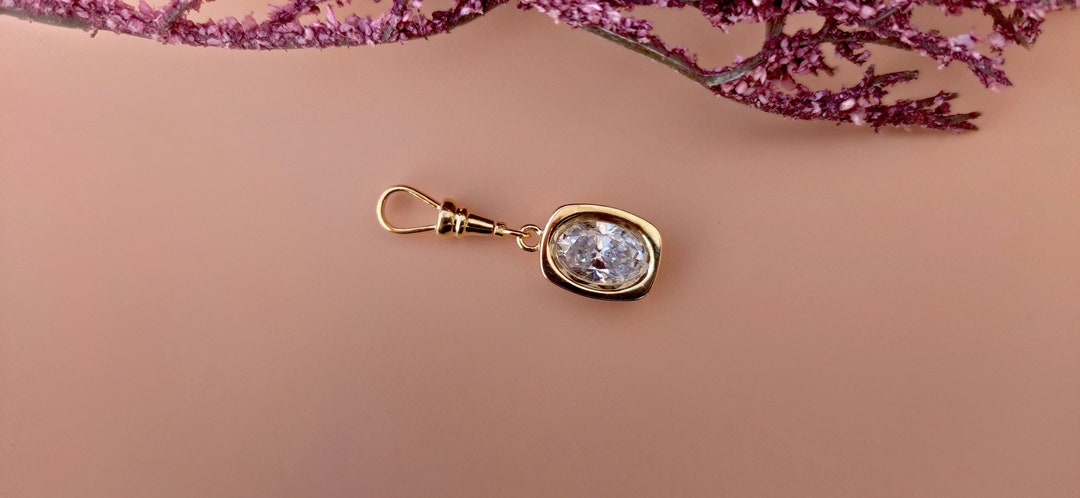 Oval Cut Moissanite Bezel Button Back Set Pendant With Swivel Clasp and ...
