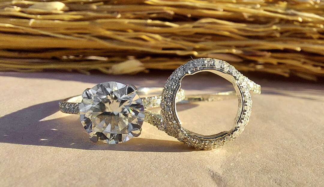 Round Moissanite Halo Insert Wedding Bridal Set Solitaire Engagement ...