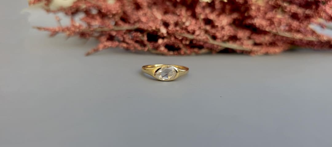 Rose Cut Pear Moissanite Signet Ring, Gypsy Flush Set Engagement ...