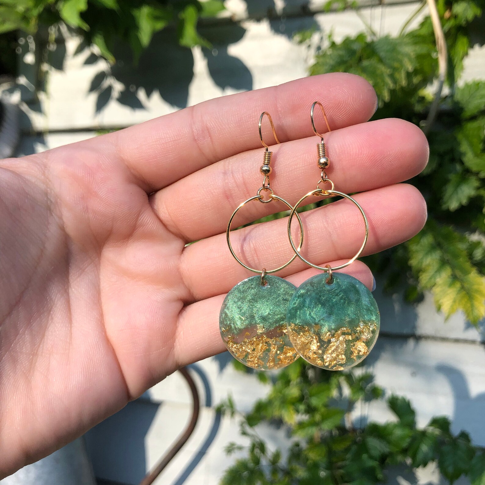 Emerald Green Gold Leaf Drop Earrings | Etsy