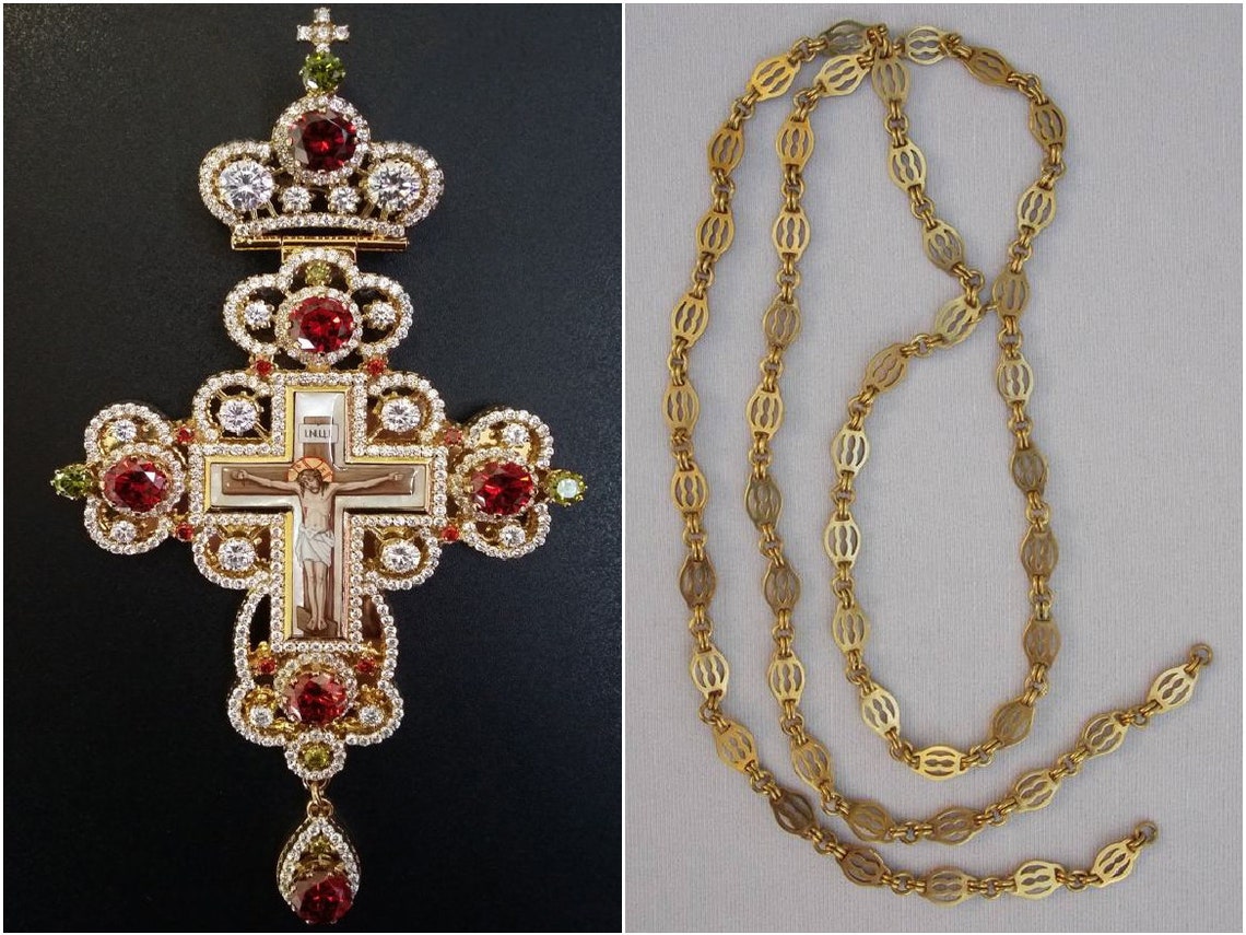 Gold Pectoral Cross. Russian Orthodox Brass Priest Cross Pendant ...