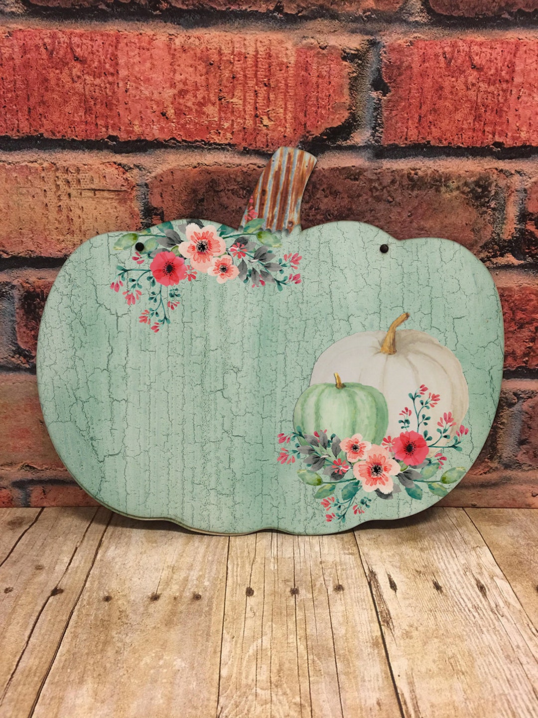 Cracked Teal With Flowers Pumpkin Door Hanger Sublimation - Etsy