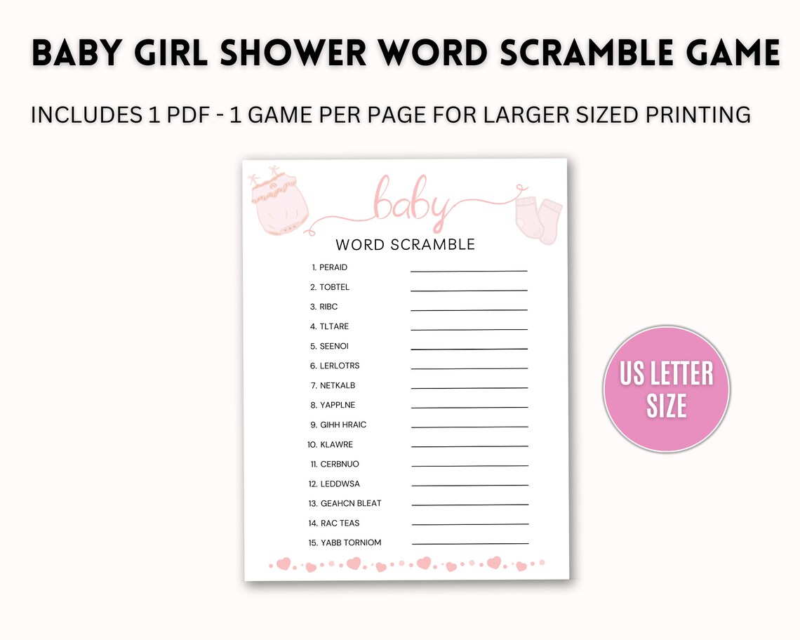 Word Scramble Baby Girl Shower Game, Printable, Fun Baby Shower Game ...
