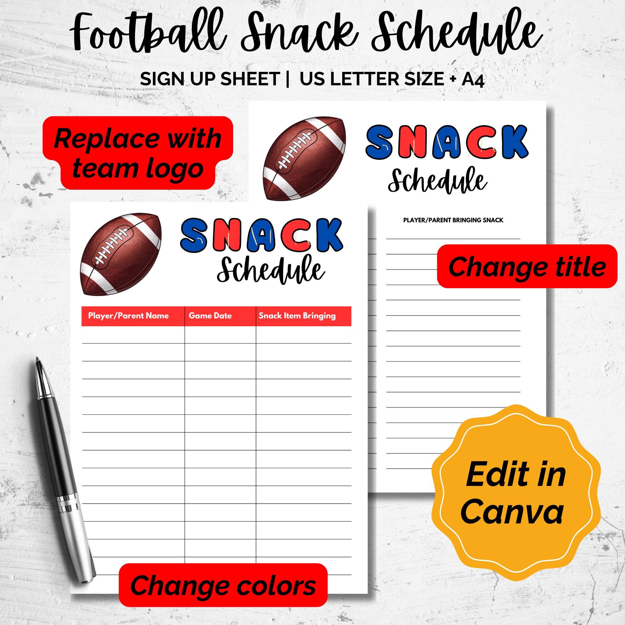 Football Snack Schedule - Edit in Canva, Printable Template - Printable ...