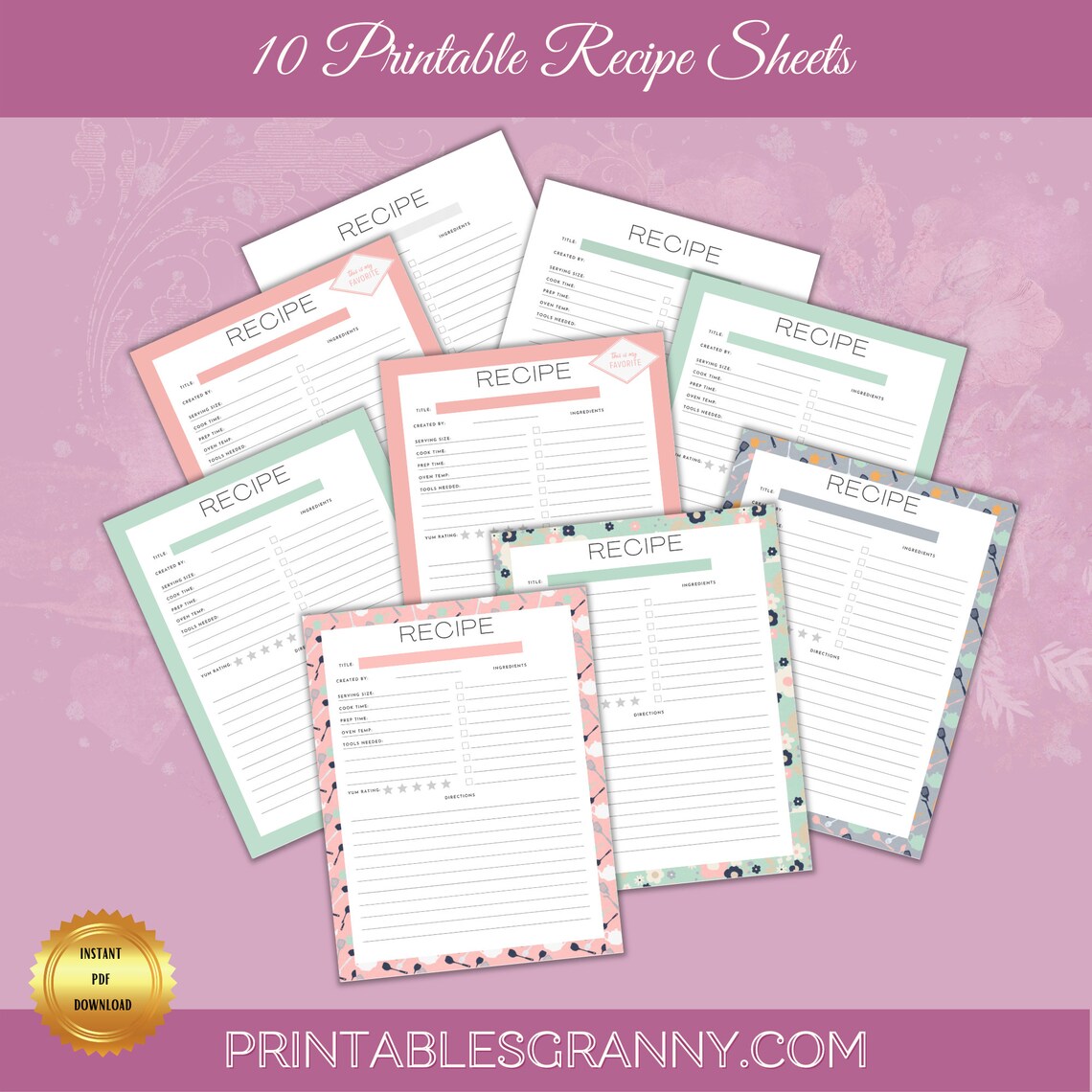 10 Printable Recipe Cards Sheets Page PDF Template | Etsy