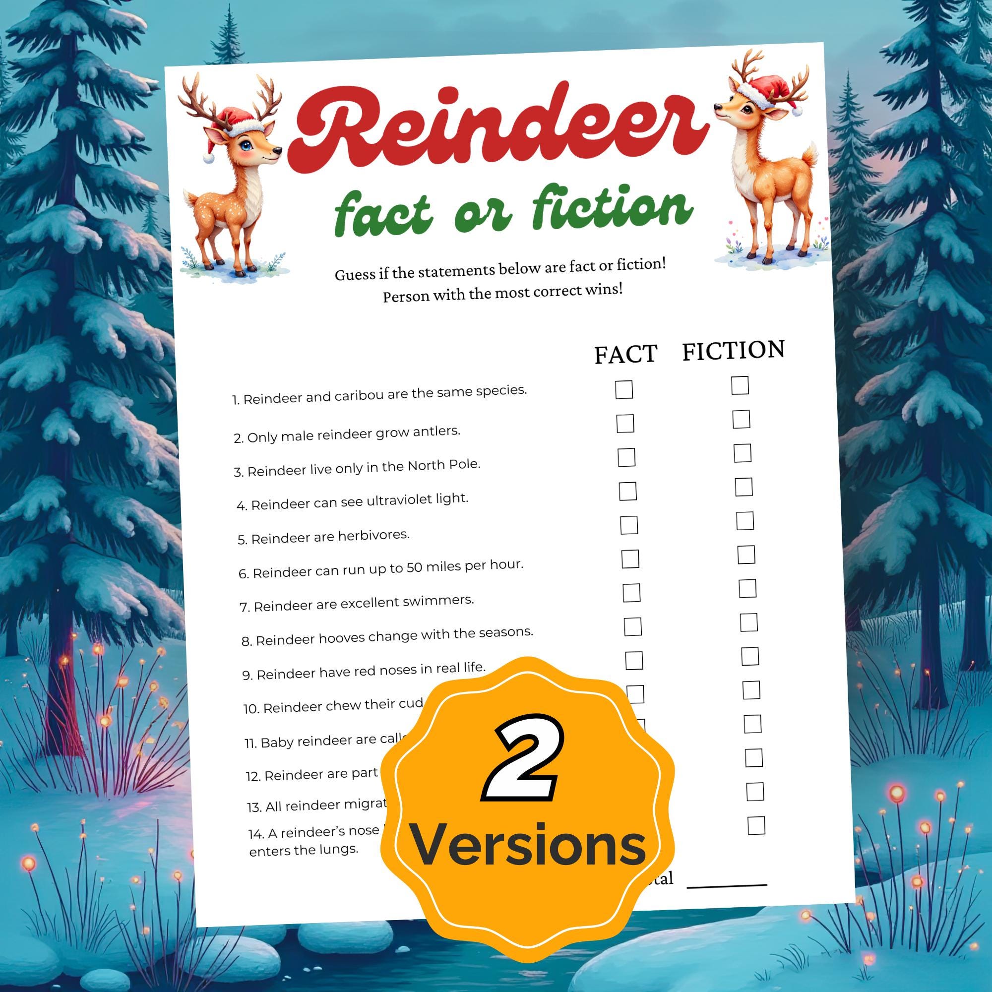 Fact or Fiction Reindeer Trivia Game, True or False Printable Game ...