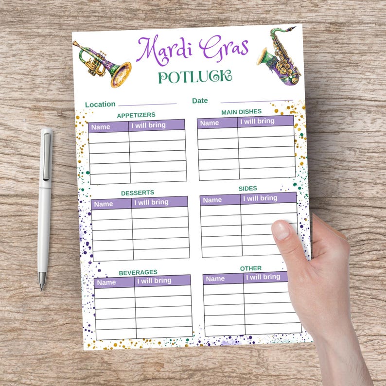 Mardi Gras Potluck Sign-up Sheet | Fat Tuesday Party Planner ...