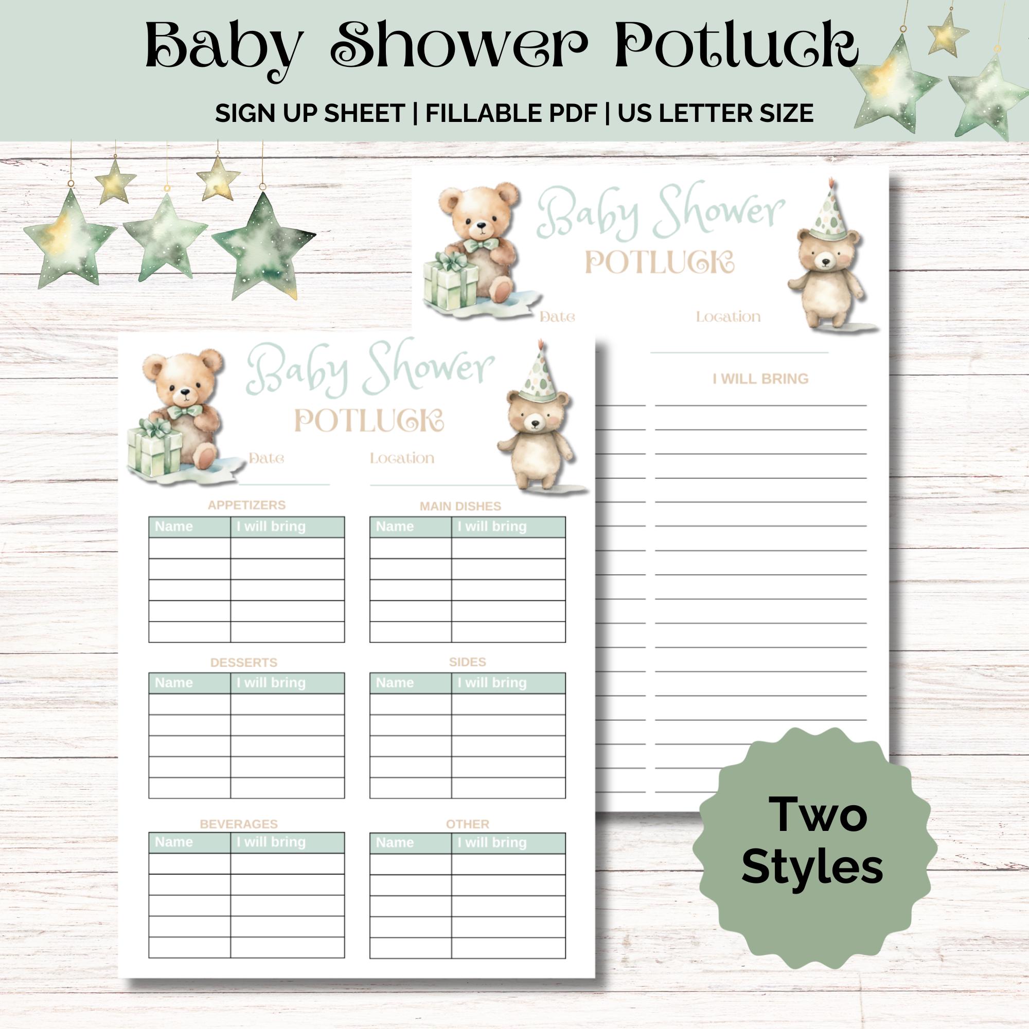 Baby Shower Potluck Sign up Sheet - Fillable PDF, Printable Potluck ...