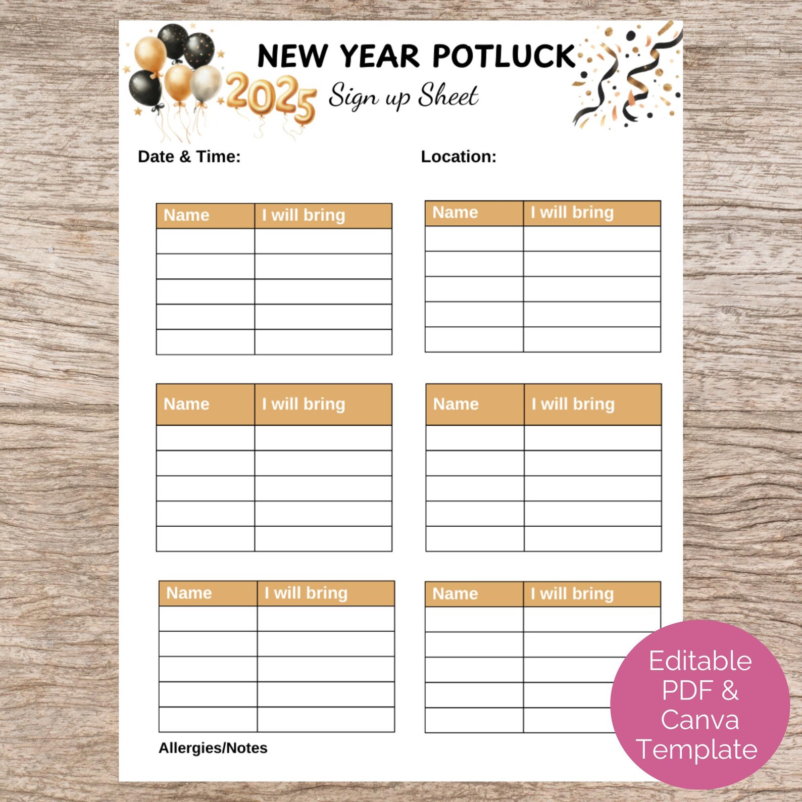 New Year Potluck Sign up Sheet - Fillable PDF, Editable Canva Template ...