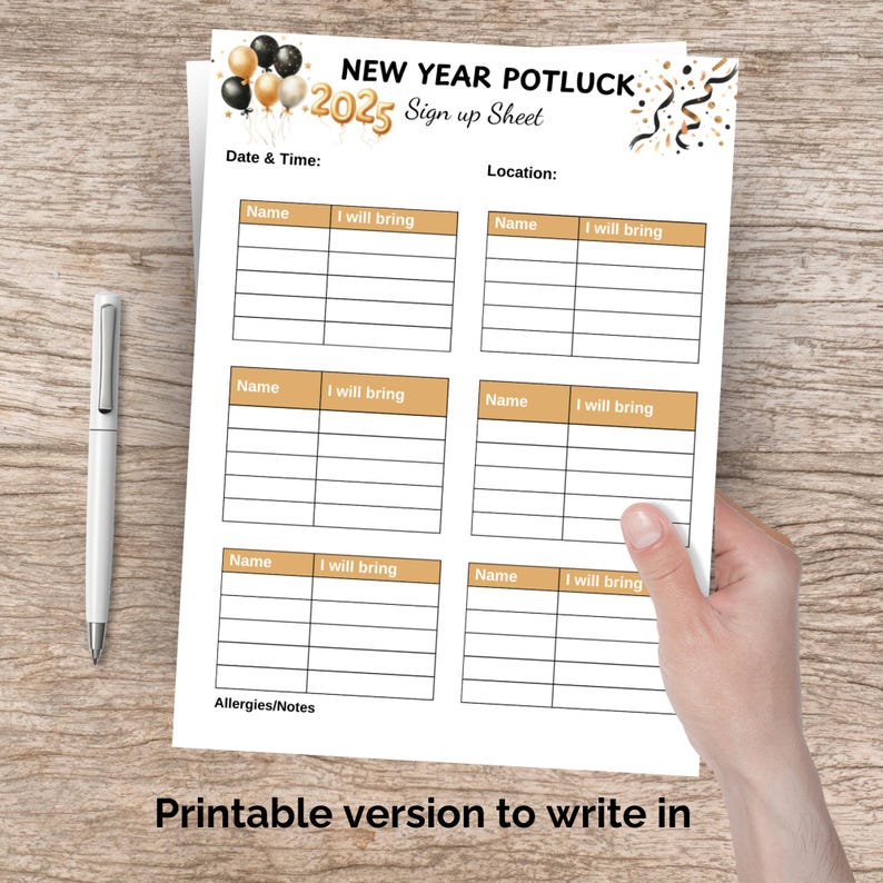 New Year Potluck Sign up Sheet - Fillable PDF, Editable Canva Template ...