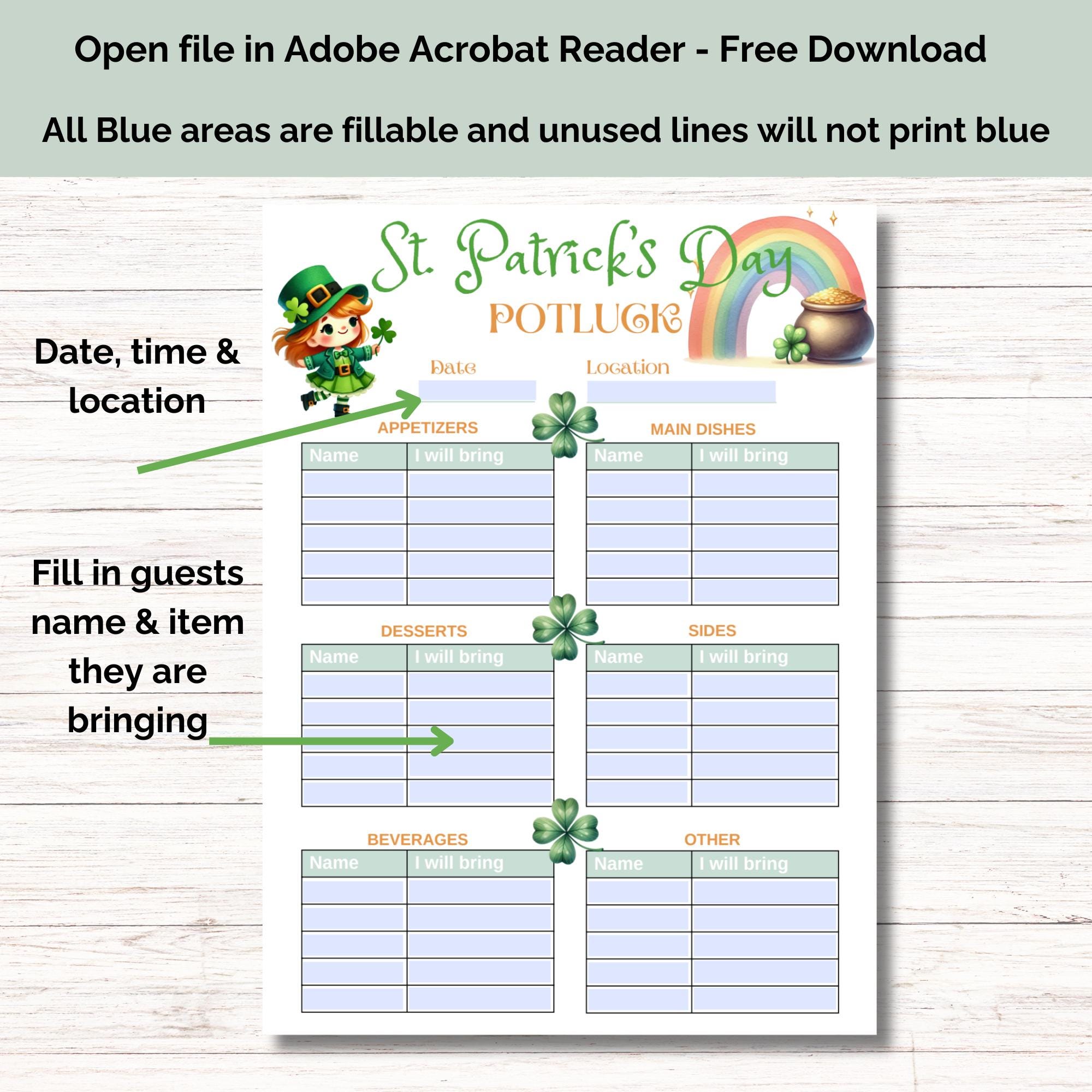 St. Patrick's Day Potluck Sign up Sheet - Fillable PDF, Printable ...