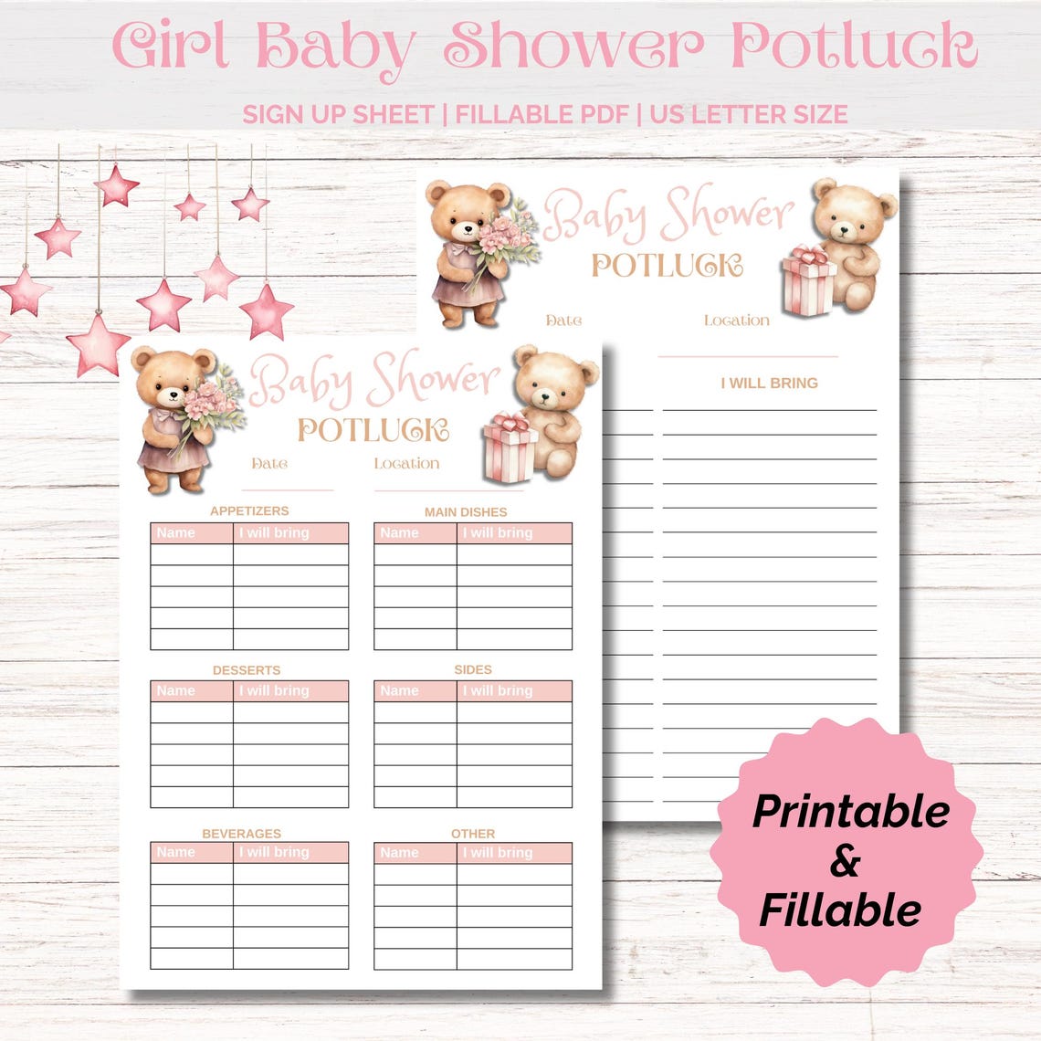 Pink Girl Baby Shower Potluck Sign up Sheet - Fillable PDF, Printable ...