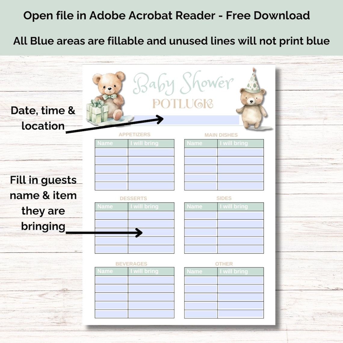 Baby Shower Potluck Sign up Sheet - Fillable PDF, Printable Potluck ...