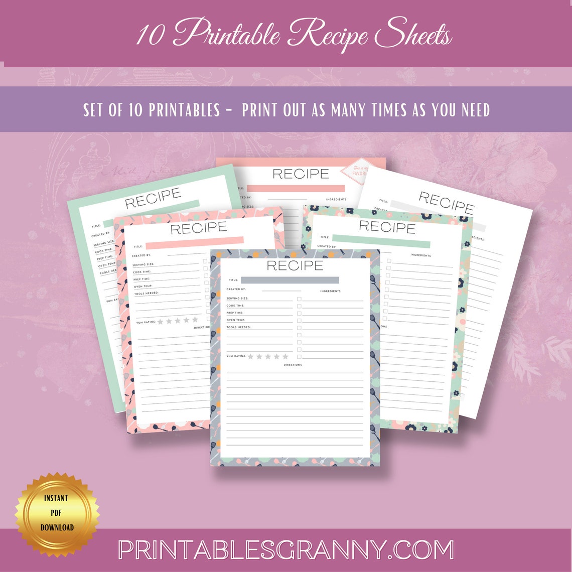 10 Printable Recipe Cards Sheets Page PDF Template | Etsy