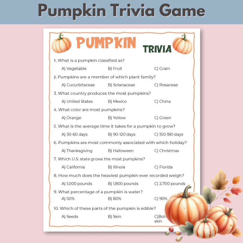 Fun Pumpkin Trivia Questions,fall Autumn Trivia Game, Family Friendly ...