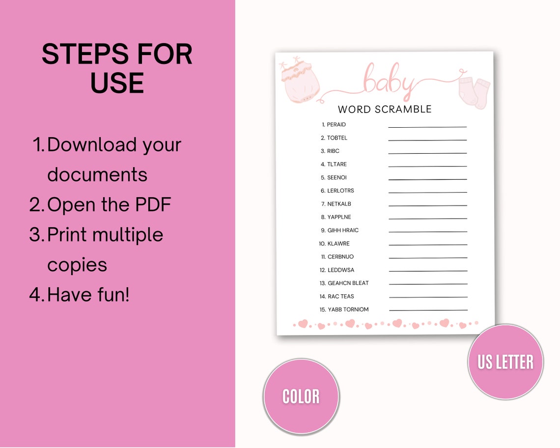Word Scramble Baby Girl Shower Game, Printable, Fun Baby Shower Game ...