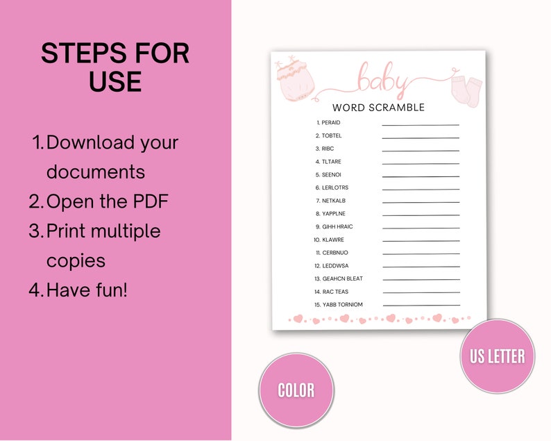 Word Scramble Baby Girl Shower Game, Printable, Fun Baby Shower Game ...