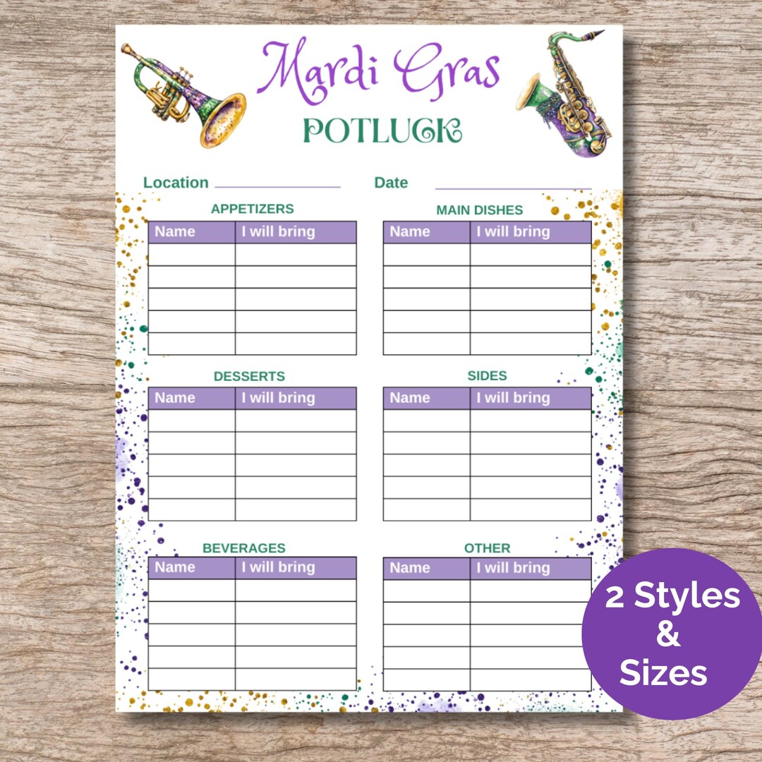 Mardi Gras Potluck Sign-up Sheet | Fat Tuesday Party Planner ...