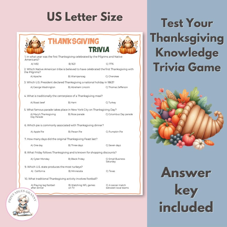 Thanksgiving Trivia Game, Printable Questions, Fall Autumn Trivia Game ...