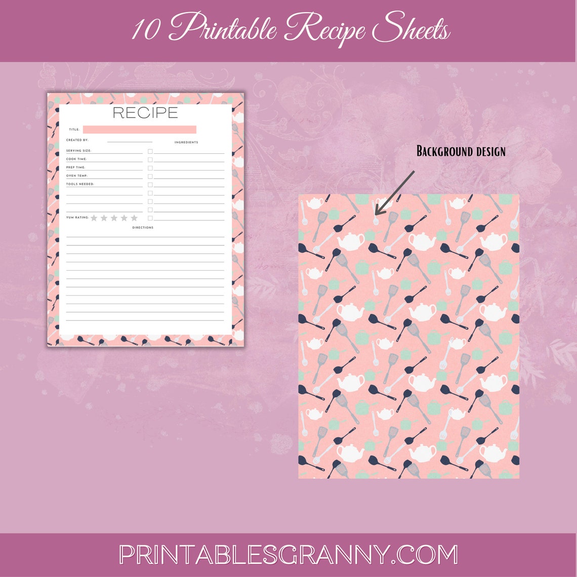 10 Printable Recipe Cards Sheets Page PDF Template | Etsy