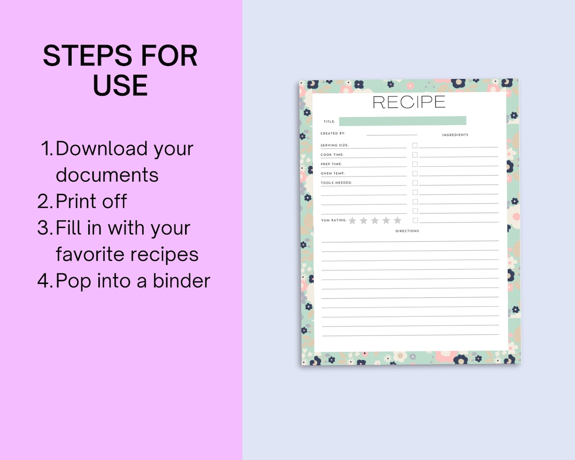 10 Printable Recipe Cards Sheets Page PDF Template - Etsy