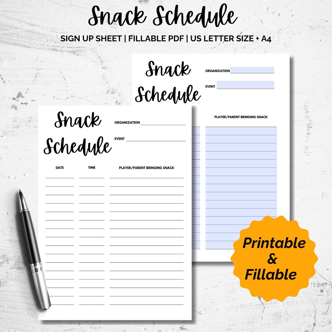 Sports Snack Schedule Sign up Sheet - Printable - Editable Sign up ...