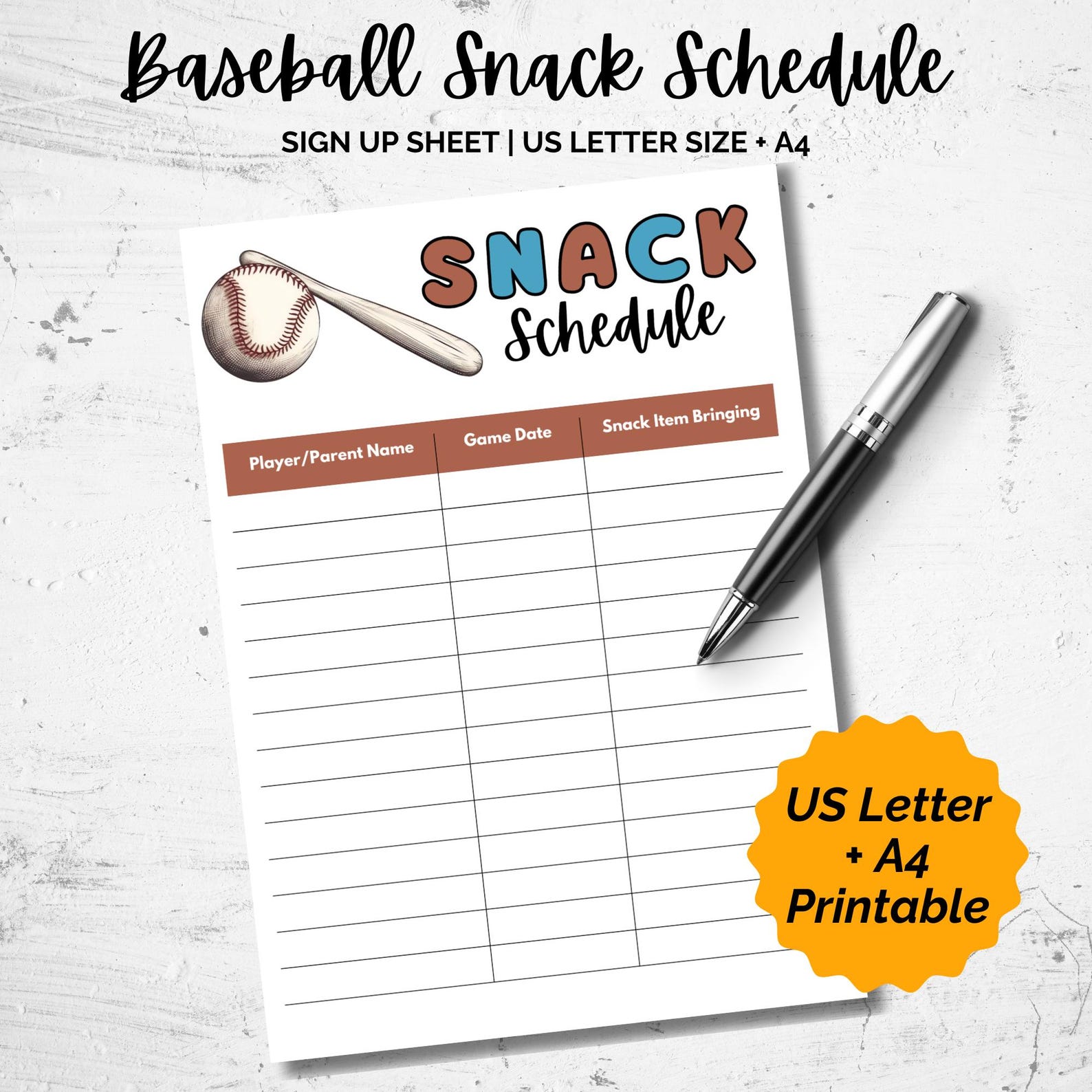 Baseball Snack Schedule Sign up Sheet, Printable Template, Team Sign up ...