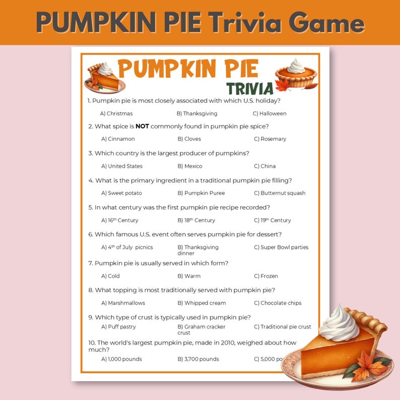 Pumpkin Pie Trivia Game, Fall Trivia Quiz, Pumpkin Pie Theme Trivia ...