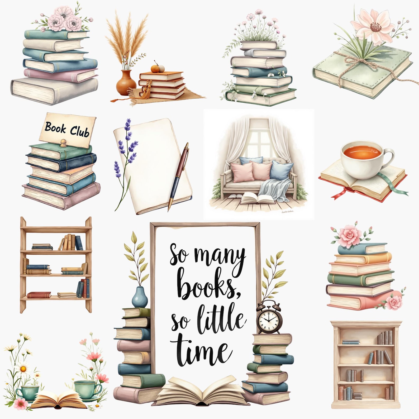 Book Lovers Clipart Bundle, 38 PNG Watercolor Bookish Illustrations ...