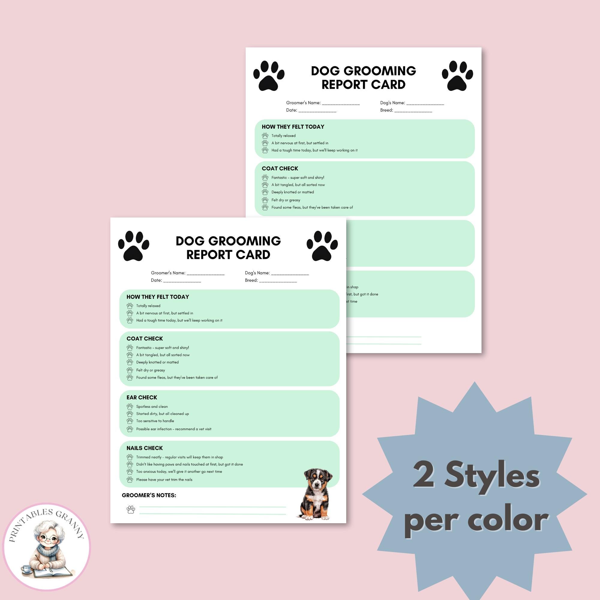 Pet Grooming Report Card - Printable Dog Grooming Forms for Pet Salon ...