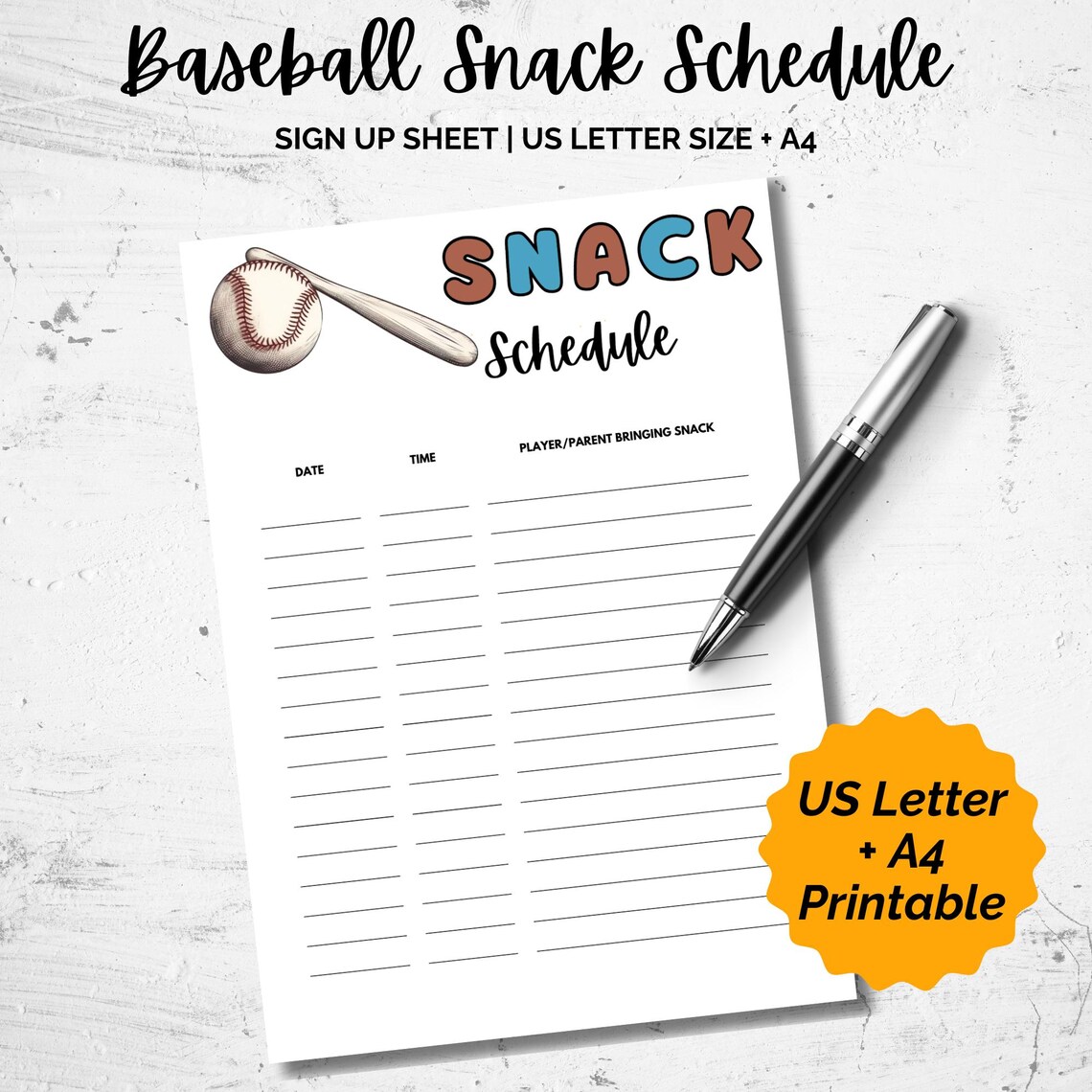 Baseball Snack Schedule Sign up Sheet, Printable Template, Team Sign up ...