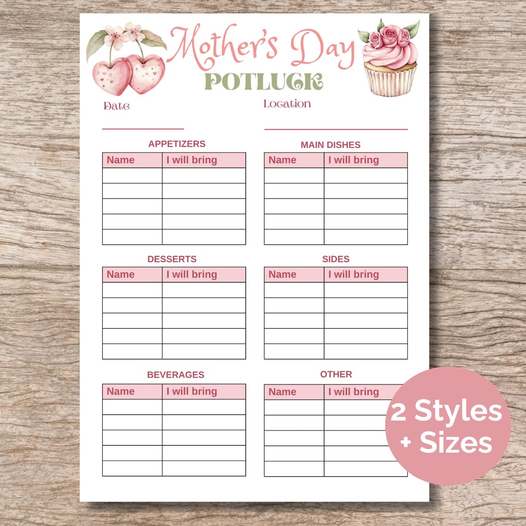 Mother's Day Potluck Sign up Sheet, Printable Potluck Form, Mother's ...