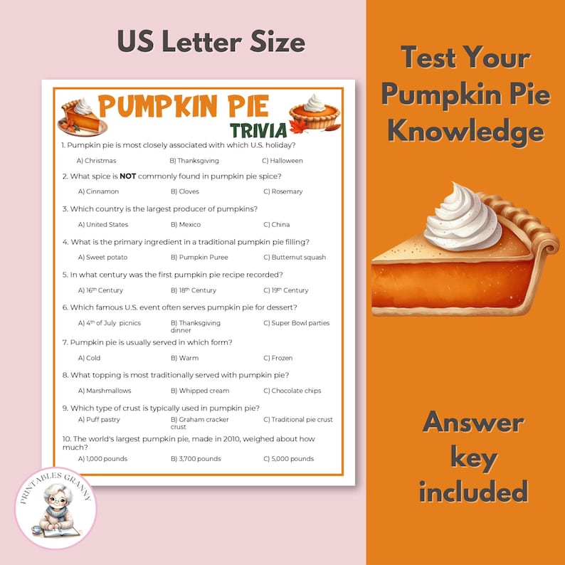 Pumpkin Pie Trivia Game, Fall Trivia Quiz, Pumpkin Pie Theme Trivia ...