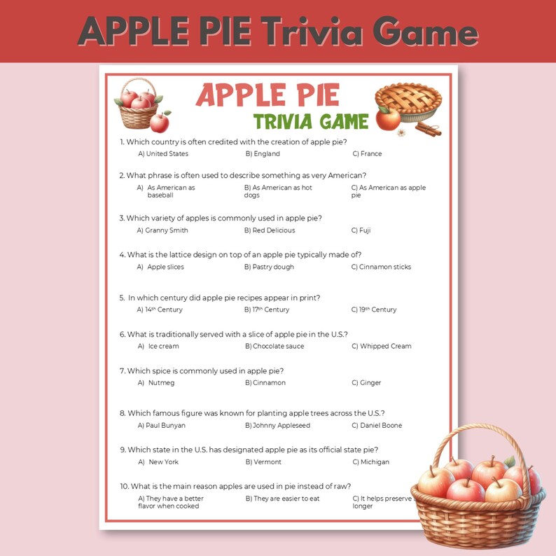Apple Pie Trivia Game, Baby Shower Trivia, Apple Theme Trivia Printable ...