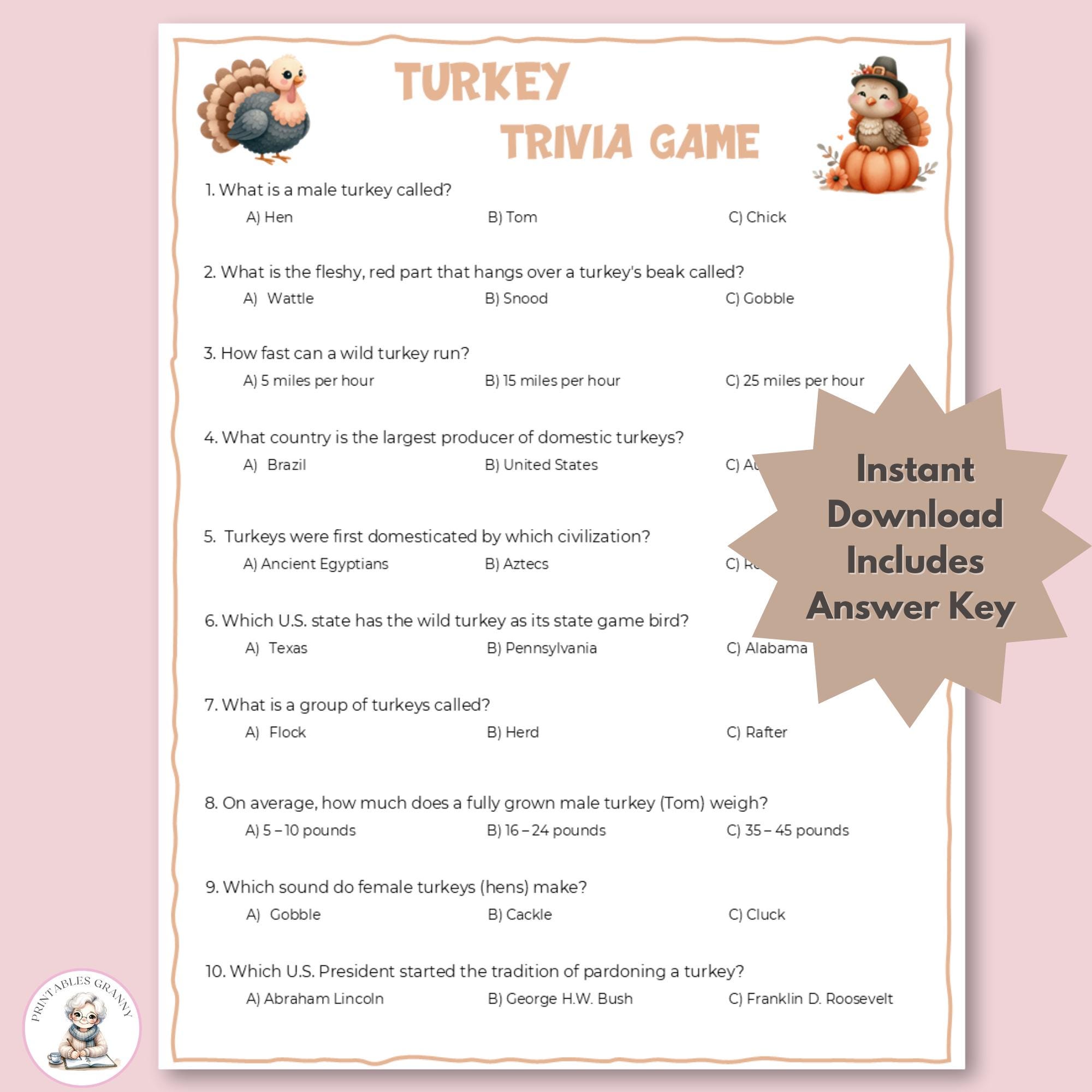 Turkey Trivia Game, Printable Questions, Friendsgiving Games, Family ...