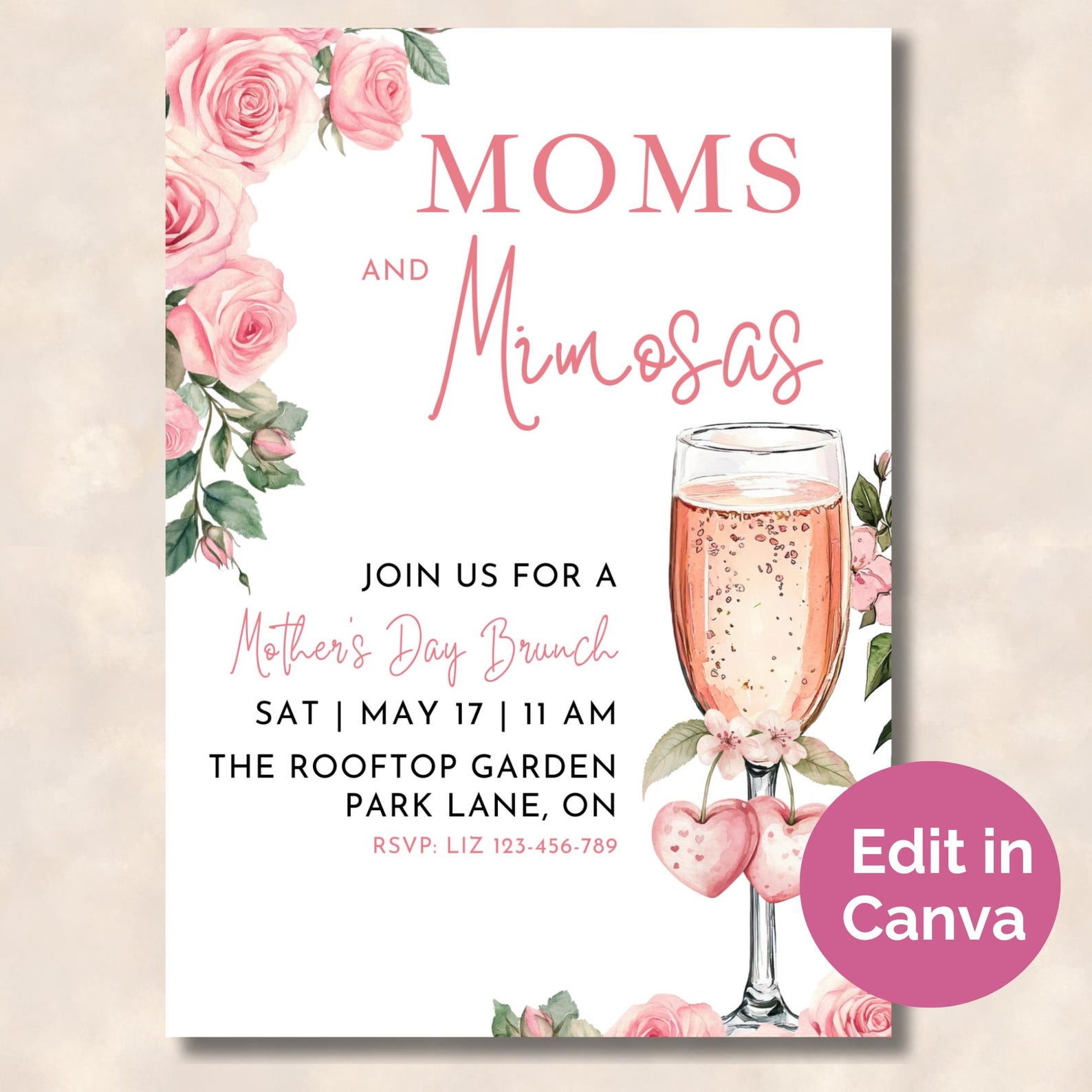 Moms & Mimosas Mother's Day Brunch Invitation, Editable Canva Template ...