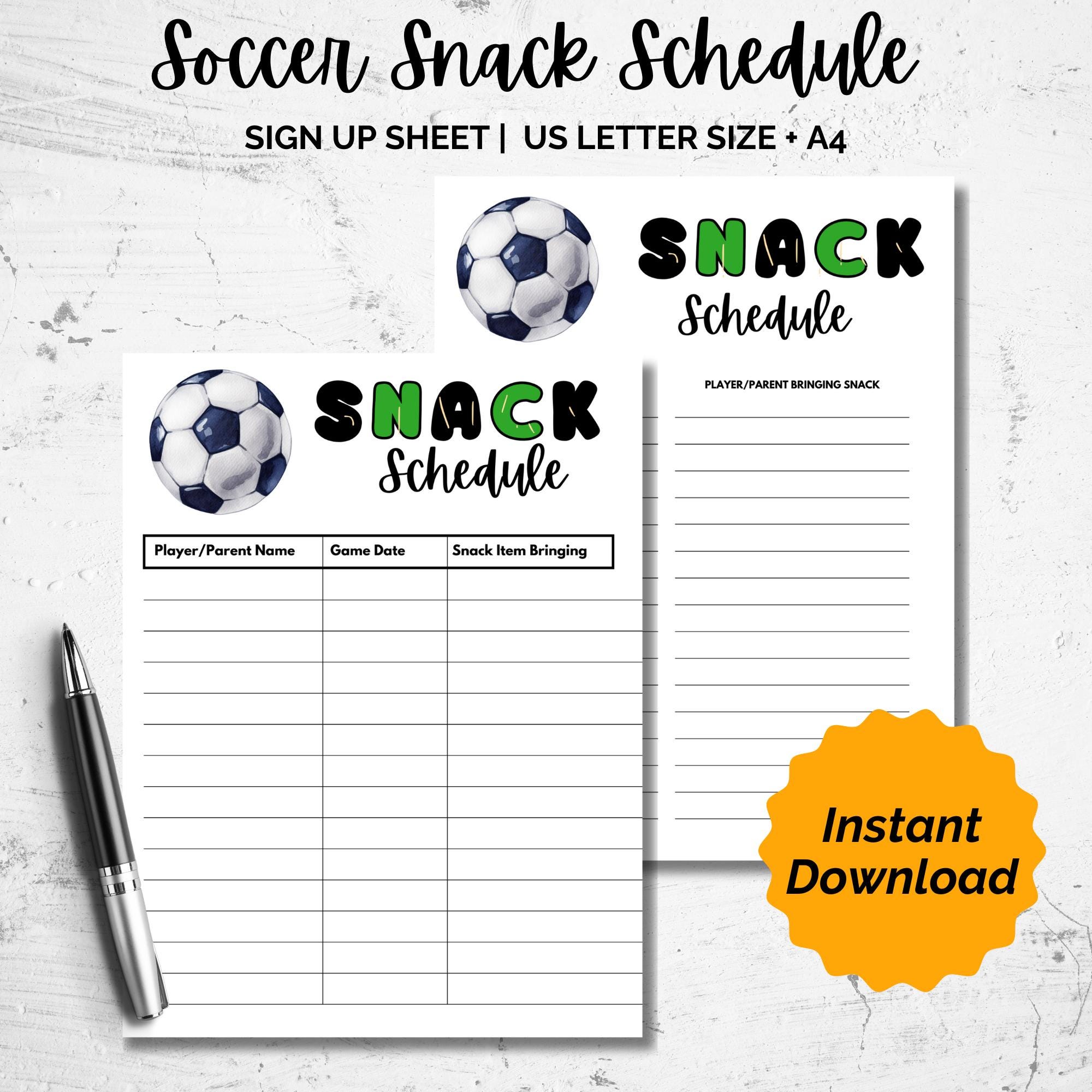 Soccer Snack Sign up Sheet, Printable Template, Team Sign up Sheet ...