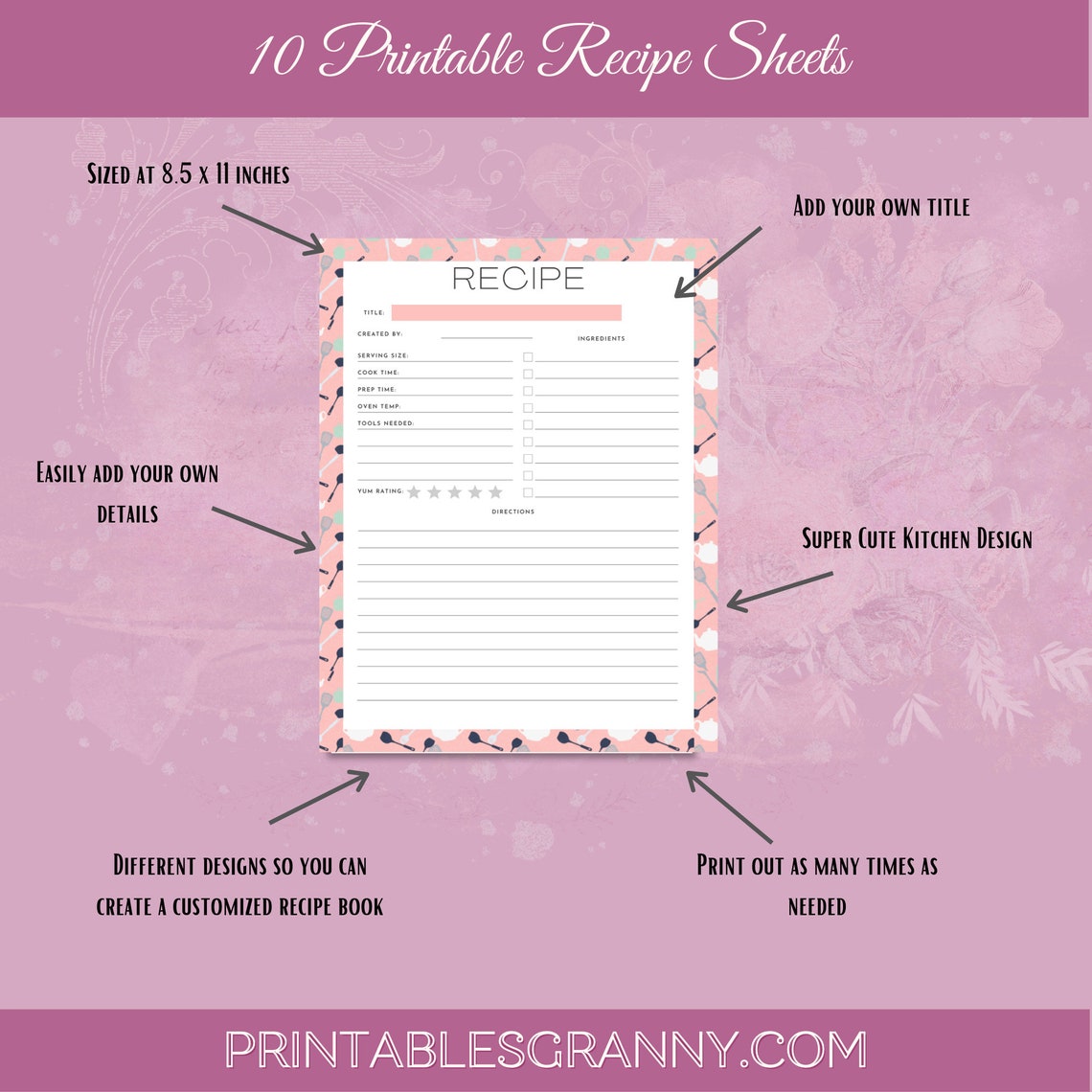 10 Printable Recipe Cards Sheets Page PDF Template | Etsy