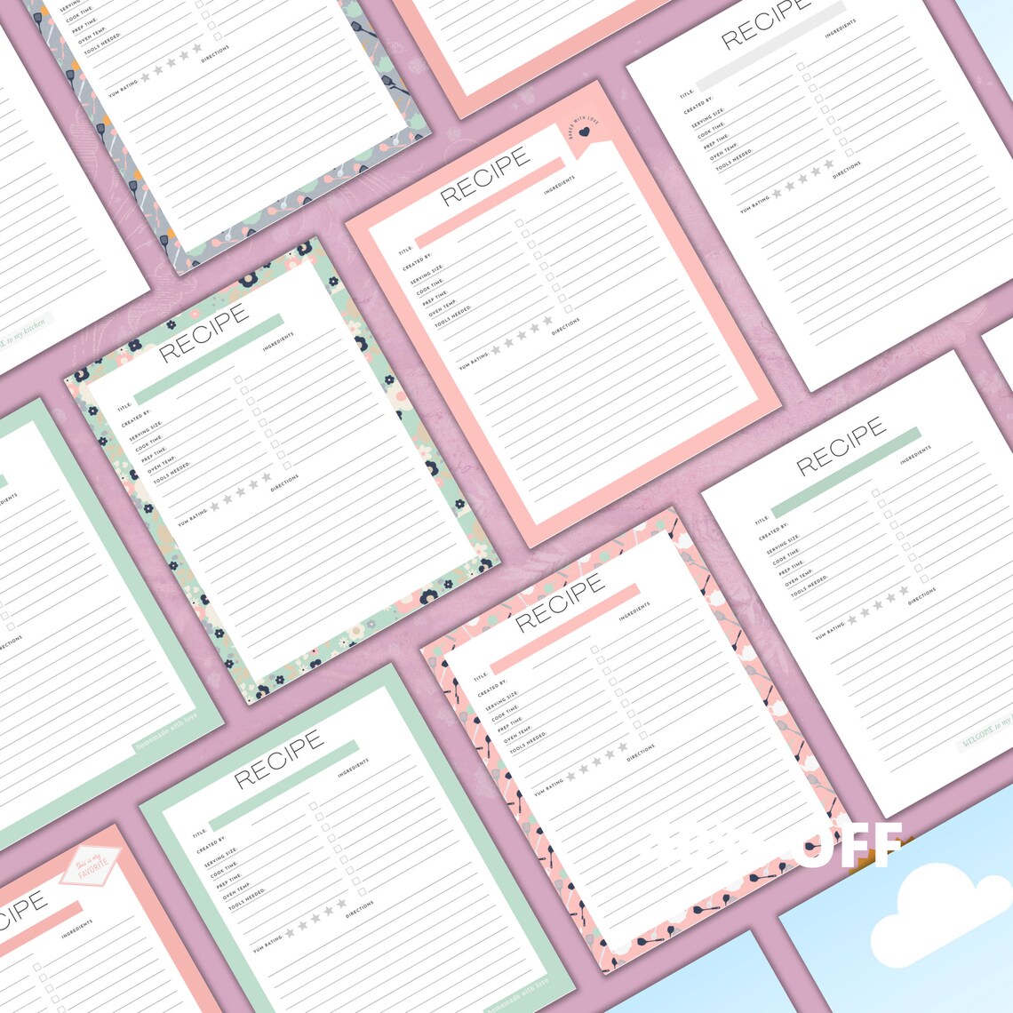 10 Printable Recipe Cards Sheets Page PDF Template | Etsy