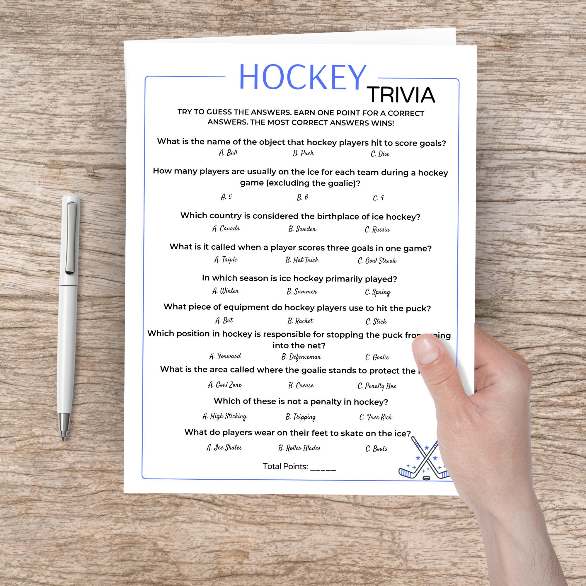 Hockey Party Games, Trivia Night for Kids, Fun Printable Sports Quiz ...