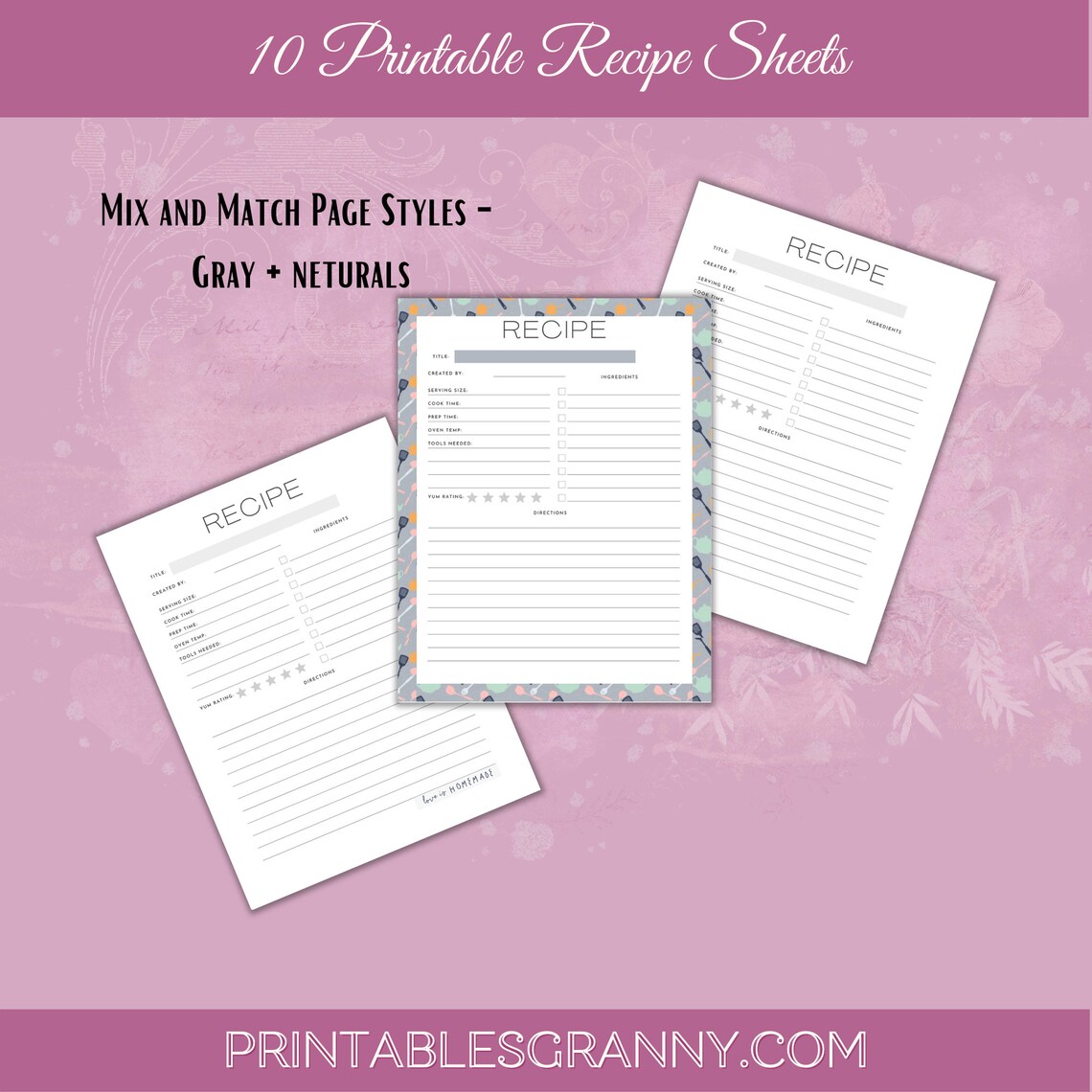 10 Printable Recipe Cards Sheets Page PDF Template | Etsy