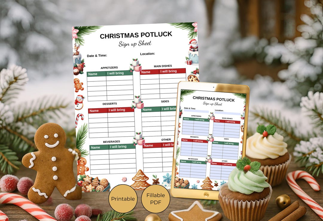 Christmas Potluck Sign up Sheet Printable & Fillable PDF, Holiday Party ...
