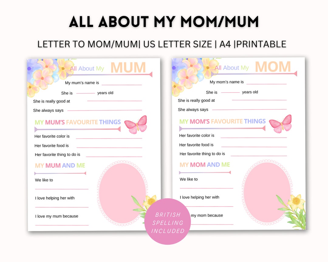 All About Mom Printable, Unique Mother's Day Gift for Kids , Fun Craft ...